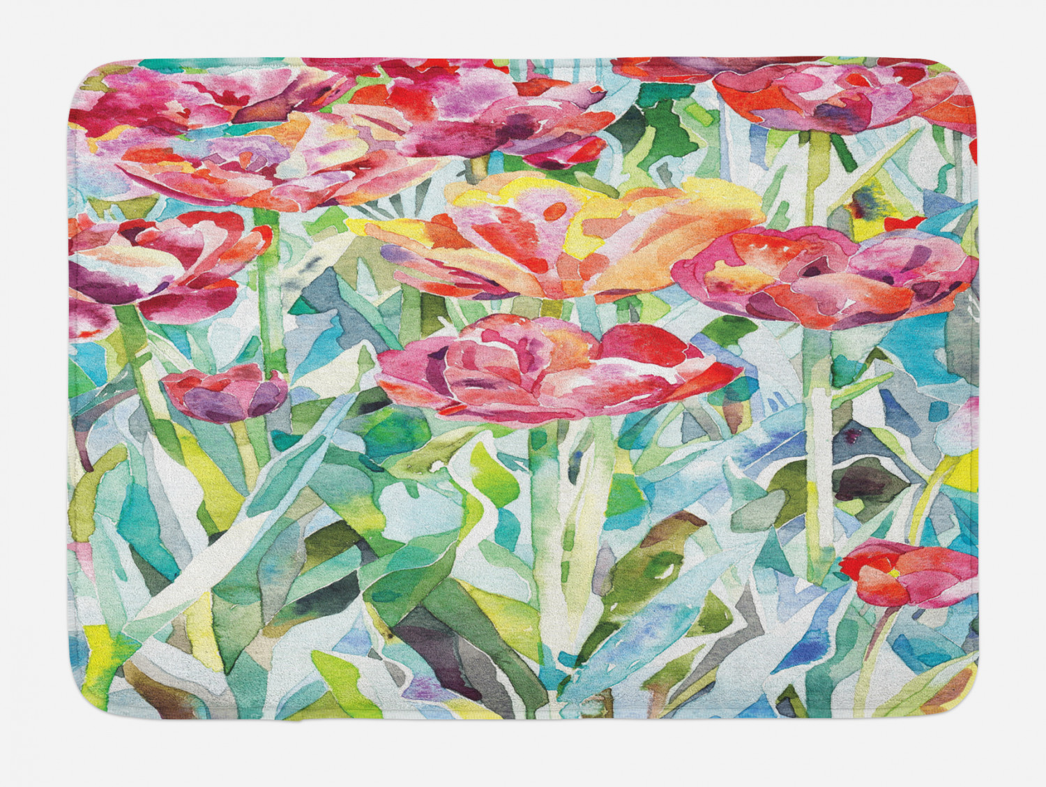 Watercolor Flower Bath Mat, Painting of Summer Spring Flowers in Faded ...