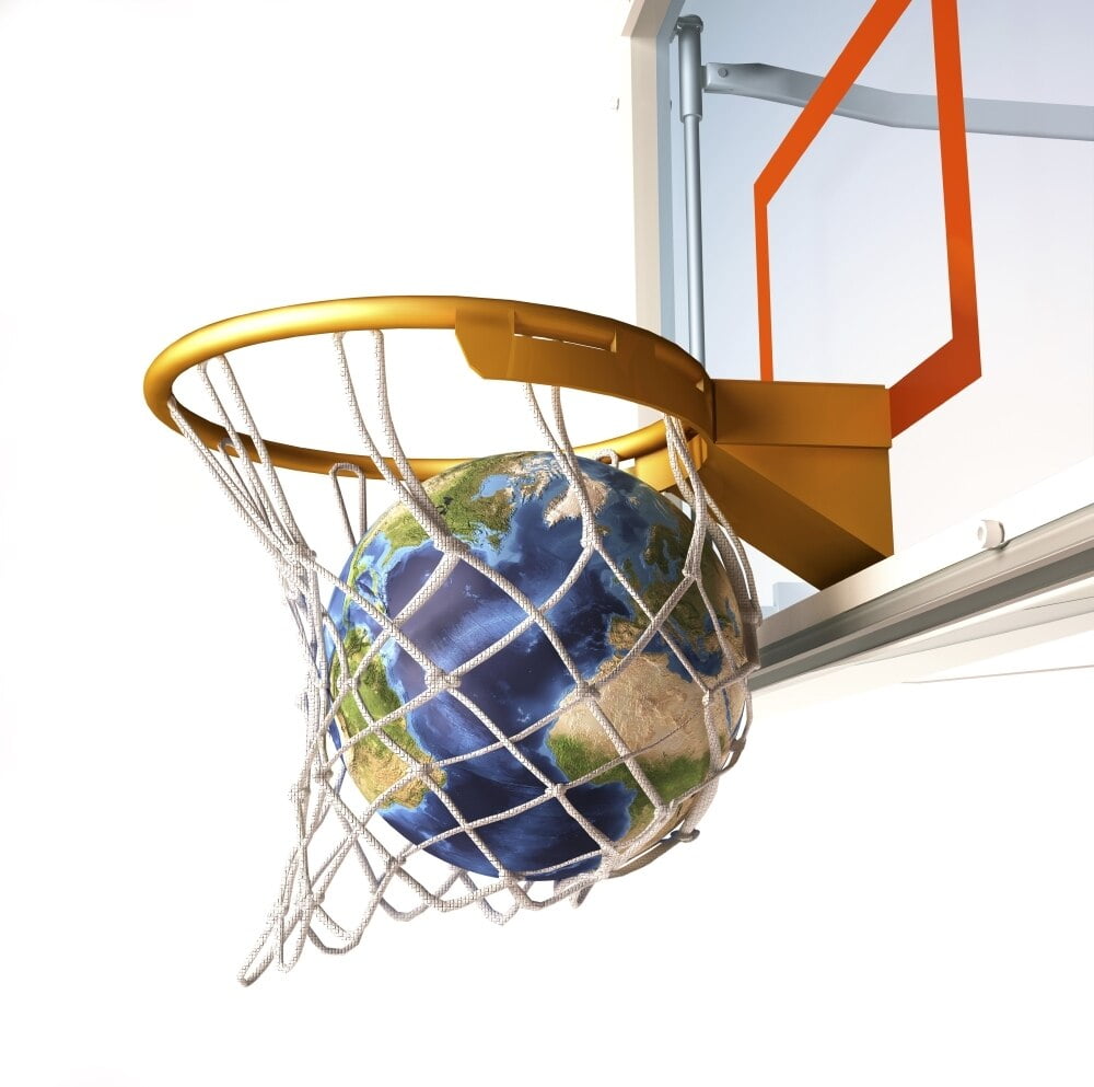 3D rendering of planet Earth falling into a basketball hoop Poster ...