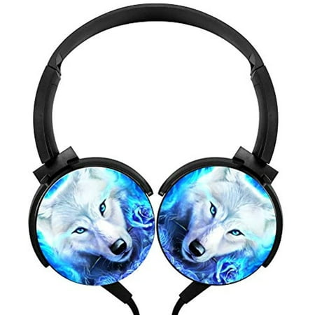 AMAOZNBSTEER Blue Fire Ice Wolf Wired Headphones Headsets Foldable Over ...