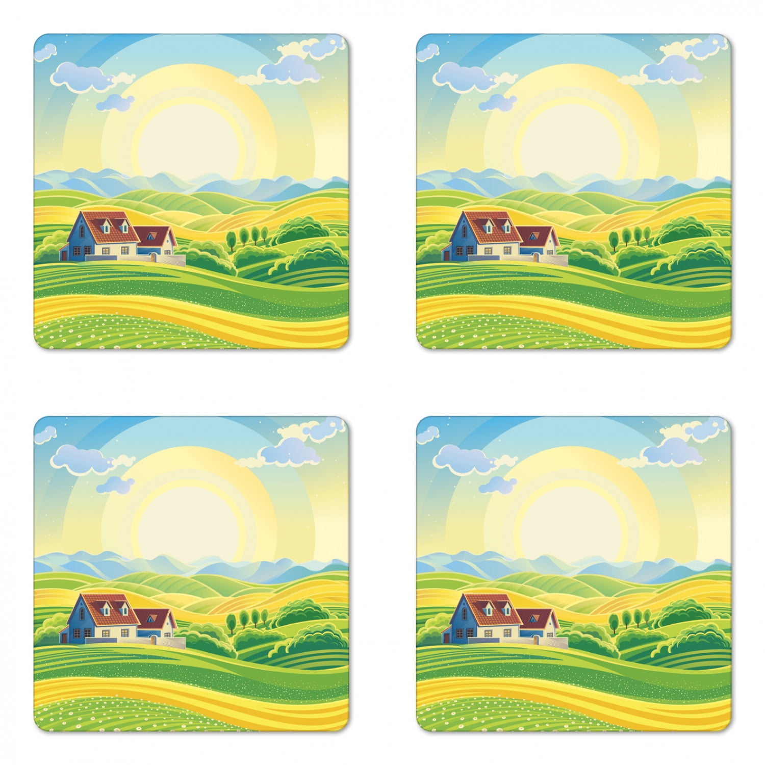 Country Coaster Set of 4, Graphical Image of a Summer Time Village on a ...