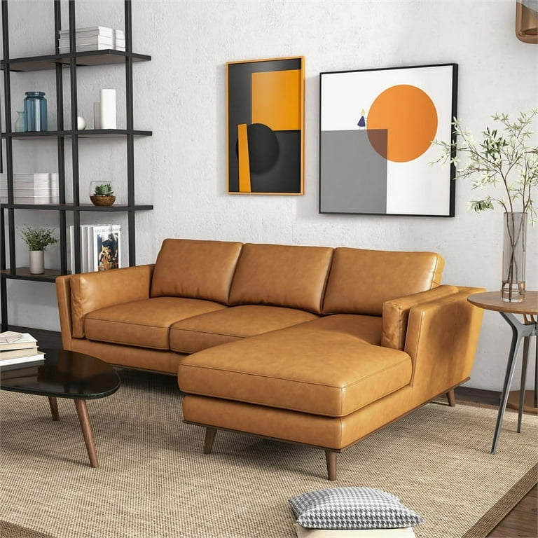 Arena Modern Tufted Living Room Top Leather Corner Sectional Sofa in Tan