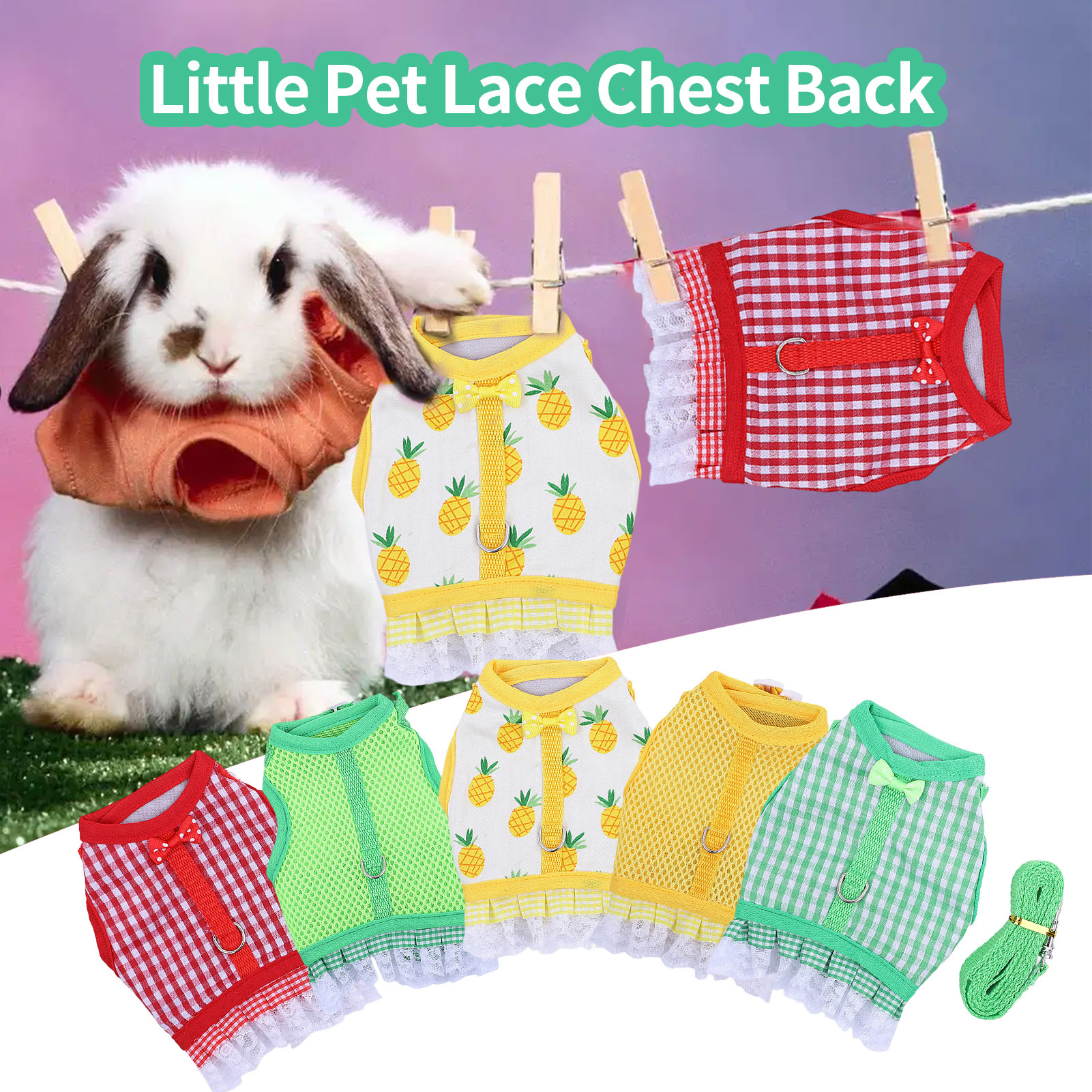 kiskick 1 Set Rabbit Harness Leash Lace Hem Soft Breathable Plaid ...