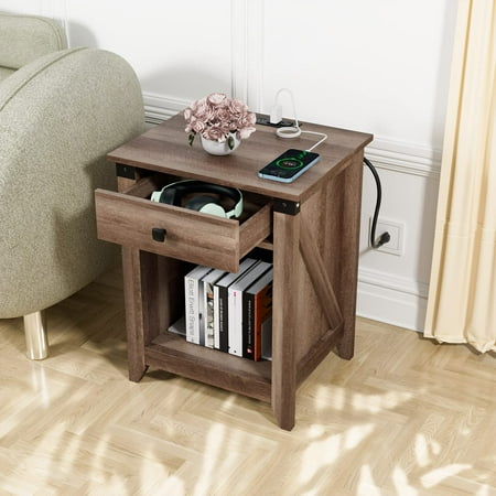 HOSEOKA Rustic Nightstand with Drawer, Farmhouse Gray Wood Night Stand ...