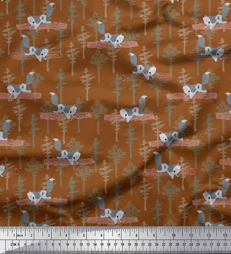 Soimoi Polyester Crepe Fabric Tree & Sloth Cartoon Print Fabric by The ...