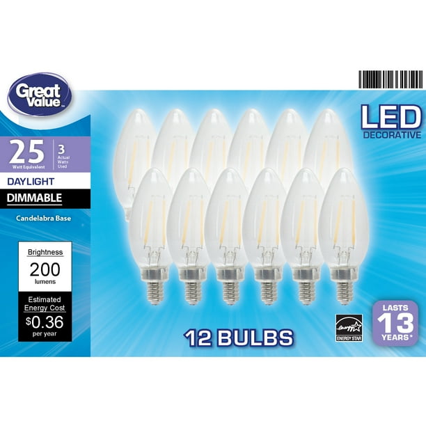 Great Value LED Light Bulb, 3 Watts (25W Equivalent) B10 Deco Lamp E12 ... Great Value LED Light Bulb, 3 Watts (25W Equivalent) B10 Deco Lamp E12 ...