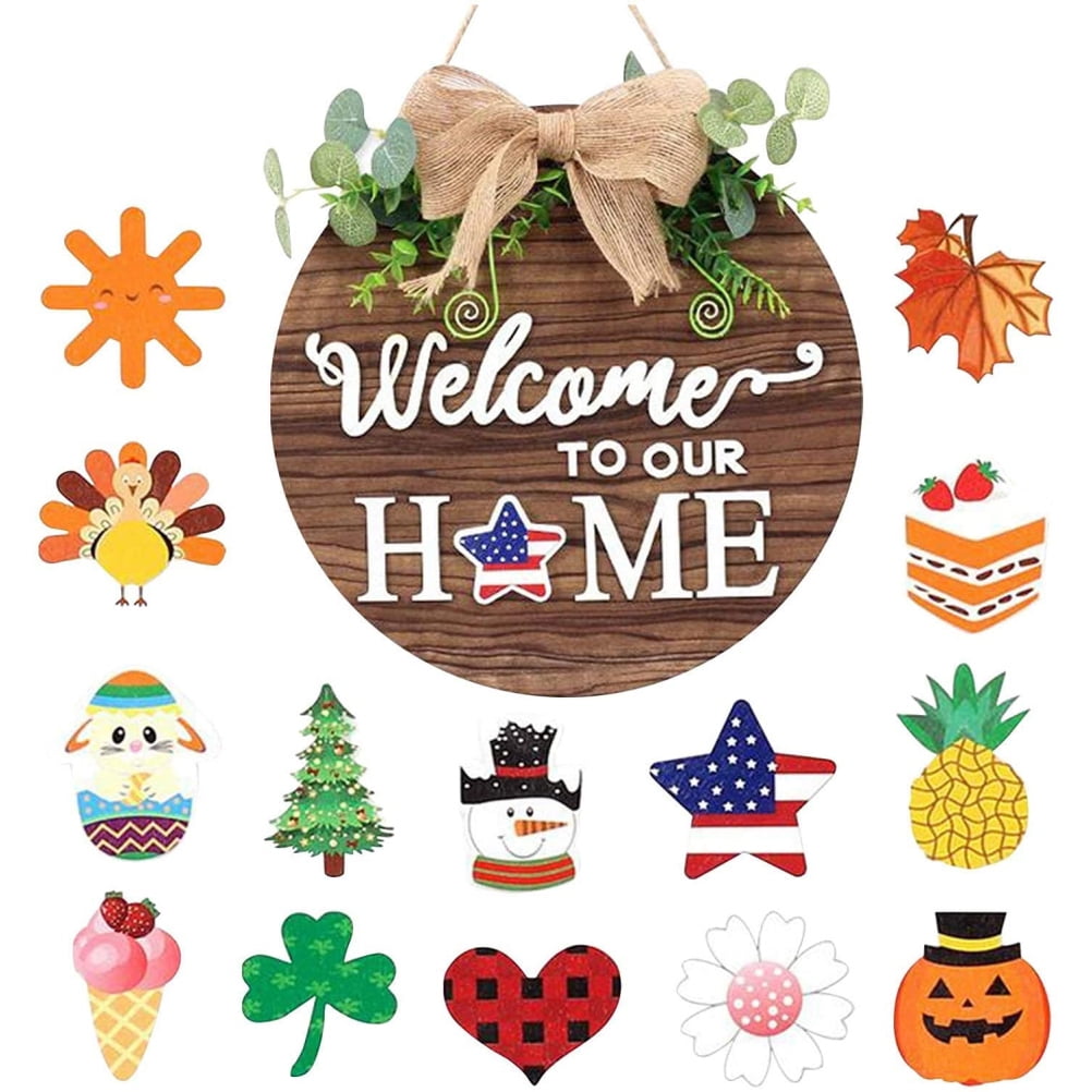Welcome Sign with Interchangeable Seasonal Icons Wooden Door Hanger for ...