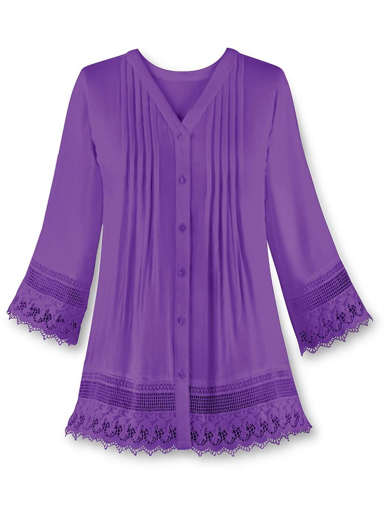 Collections Etc Women's Pintuck Lace Trim Button Down Tunic Purple ...