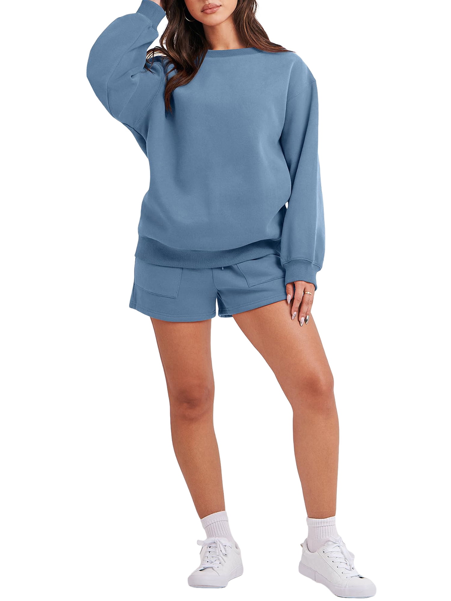 allshope Women Workout Outfits Set Solid Color Pullover Sweatshirt and ...