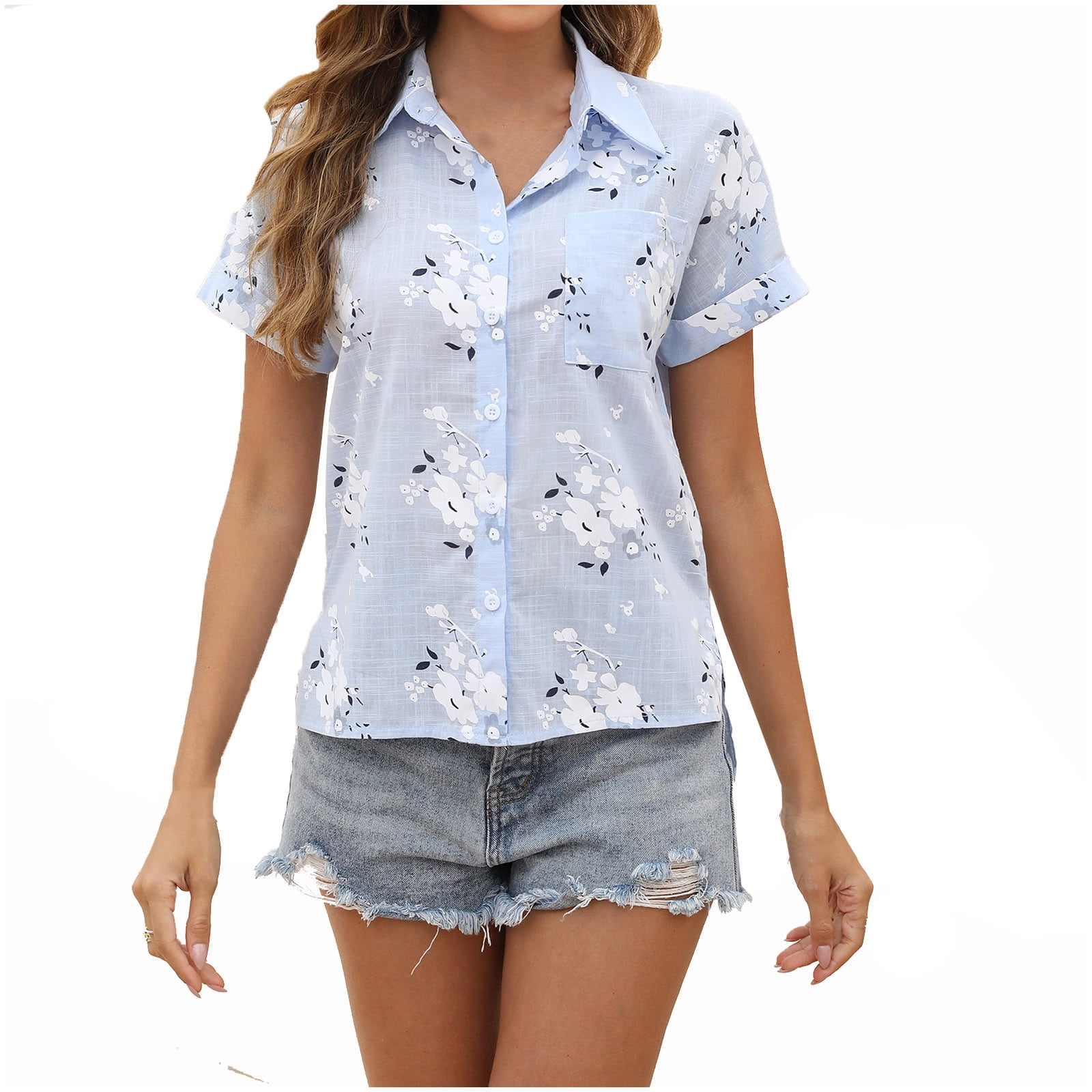 Summer Tops for Women Printed Short Sleeve Cotton Linen Button down ...