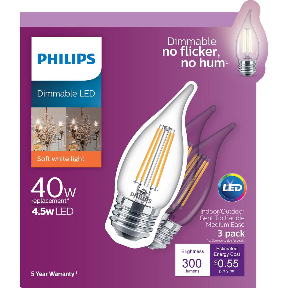 Philips 40W Equivalent B11 Dimmable LED Bent Tip Candle Soft White ...