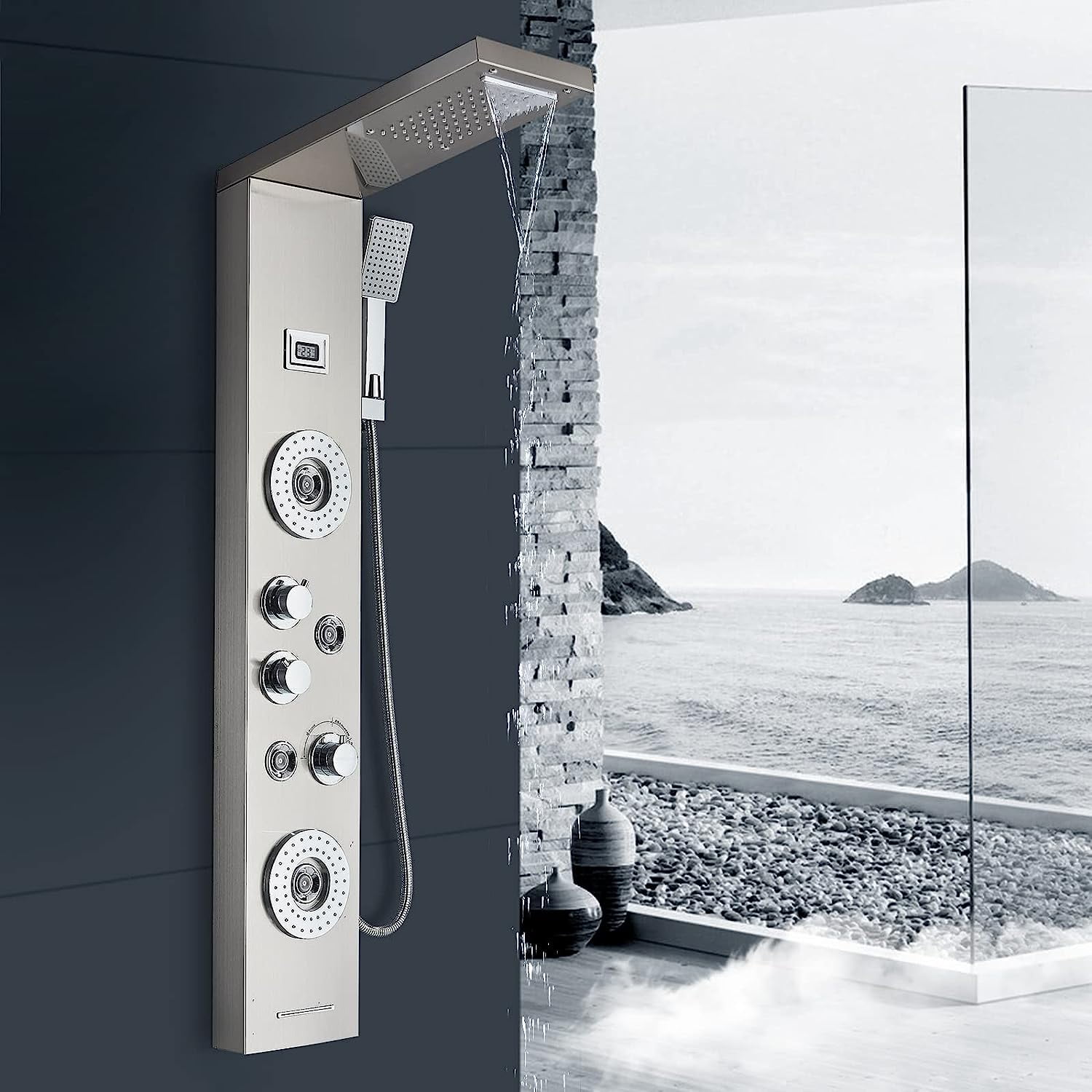 Brushed Nickel Bathroom Shower Syatem LED Shower Panel Tower With ...