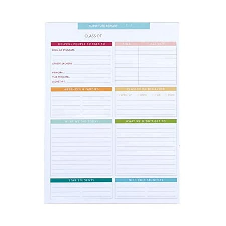 Substitute Teacher Notepad - Preprinted Substitute Teacher Log, Report ...