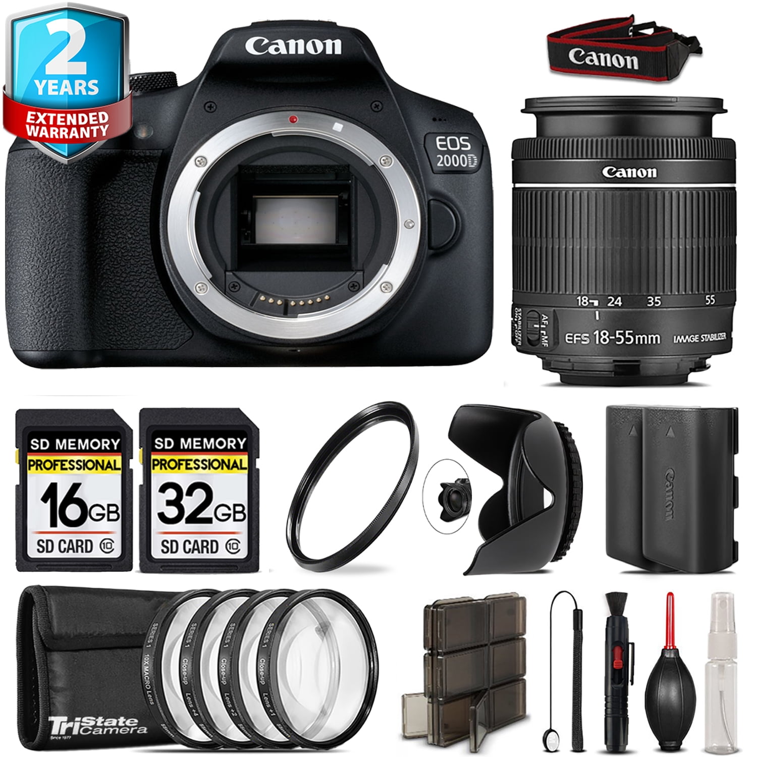 Canon EOS 2000D (Rebel T7) + 18-55mm IS STM + 4PC Macro Kit + Extra ...