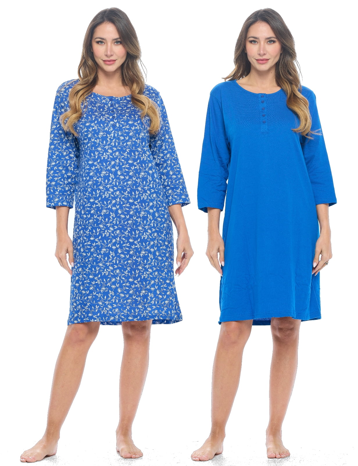 Casual Nights Women's Henley Nightshirts Set of 2, Floral 3/4 Sleeve ...