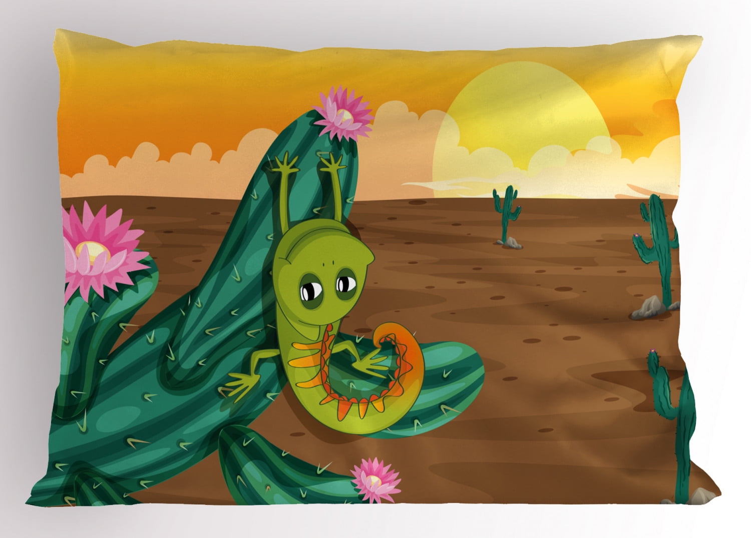 Cactus Pillow Sham Cartoon Style Desert Setting Sun Chameleon on a ...