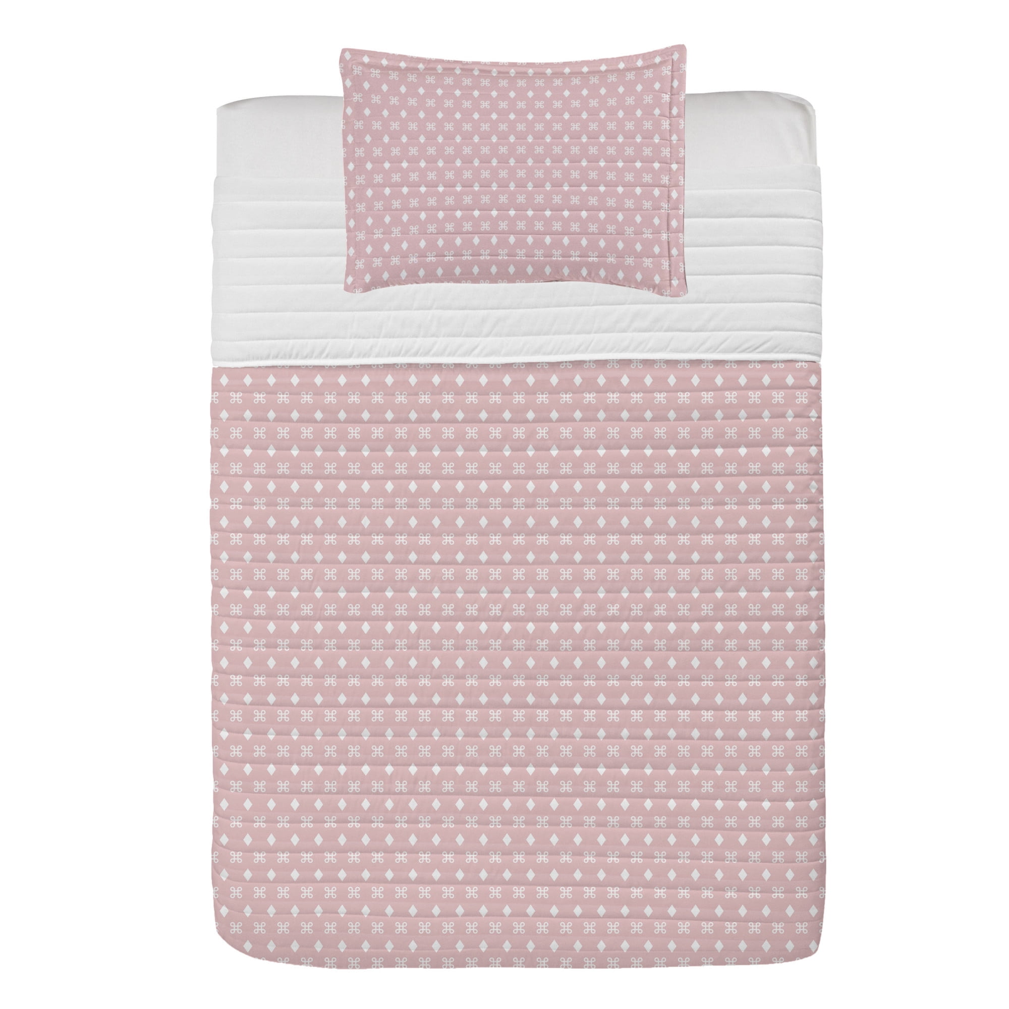 Geometric Microfiber Bedspread Set, Pastel Pink Colored Repeated Little ...