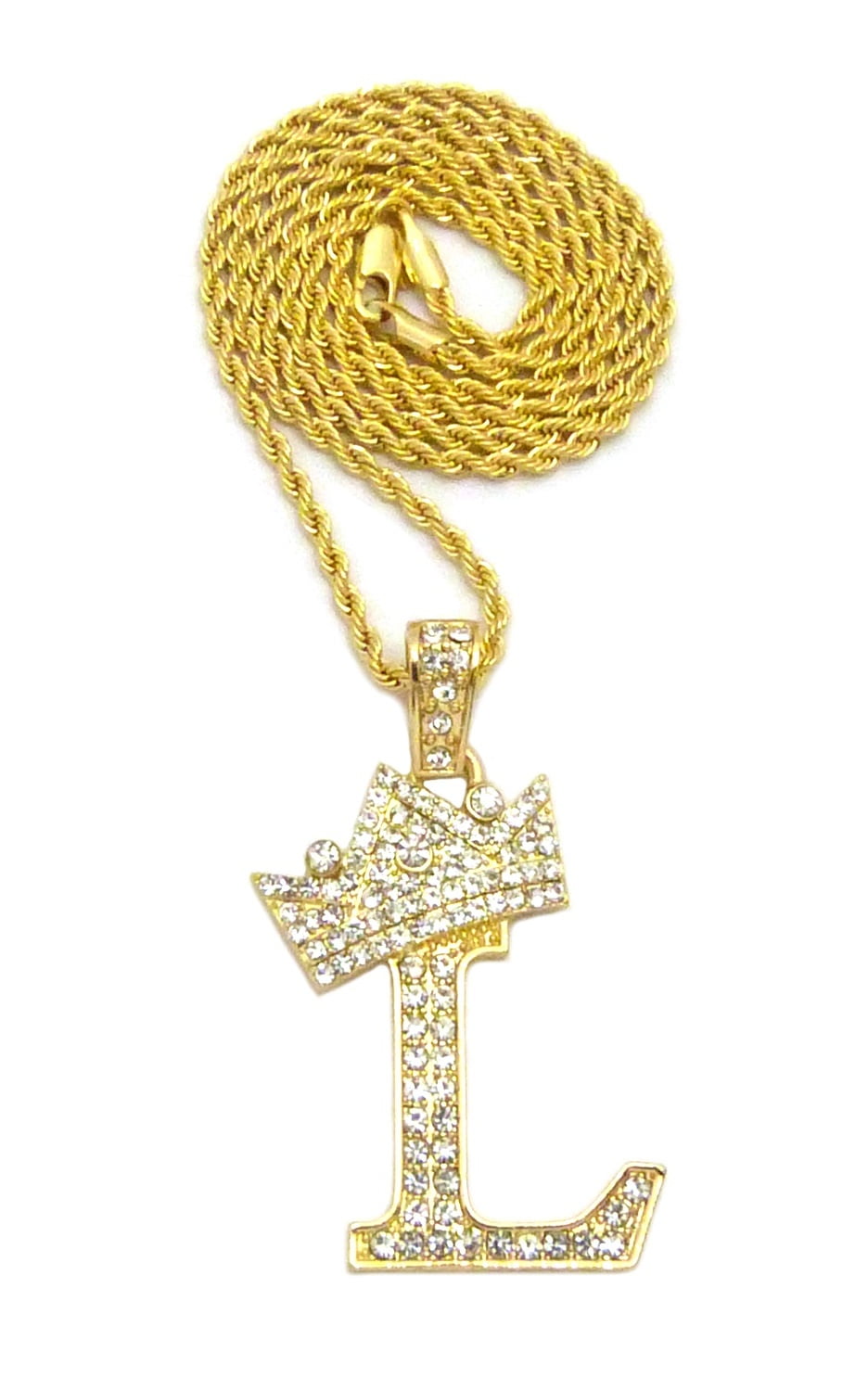Stone Stud Allover Tilted Crown Initial L Pendant w/ 3mm 18" Rope Chain ...