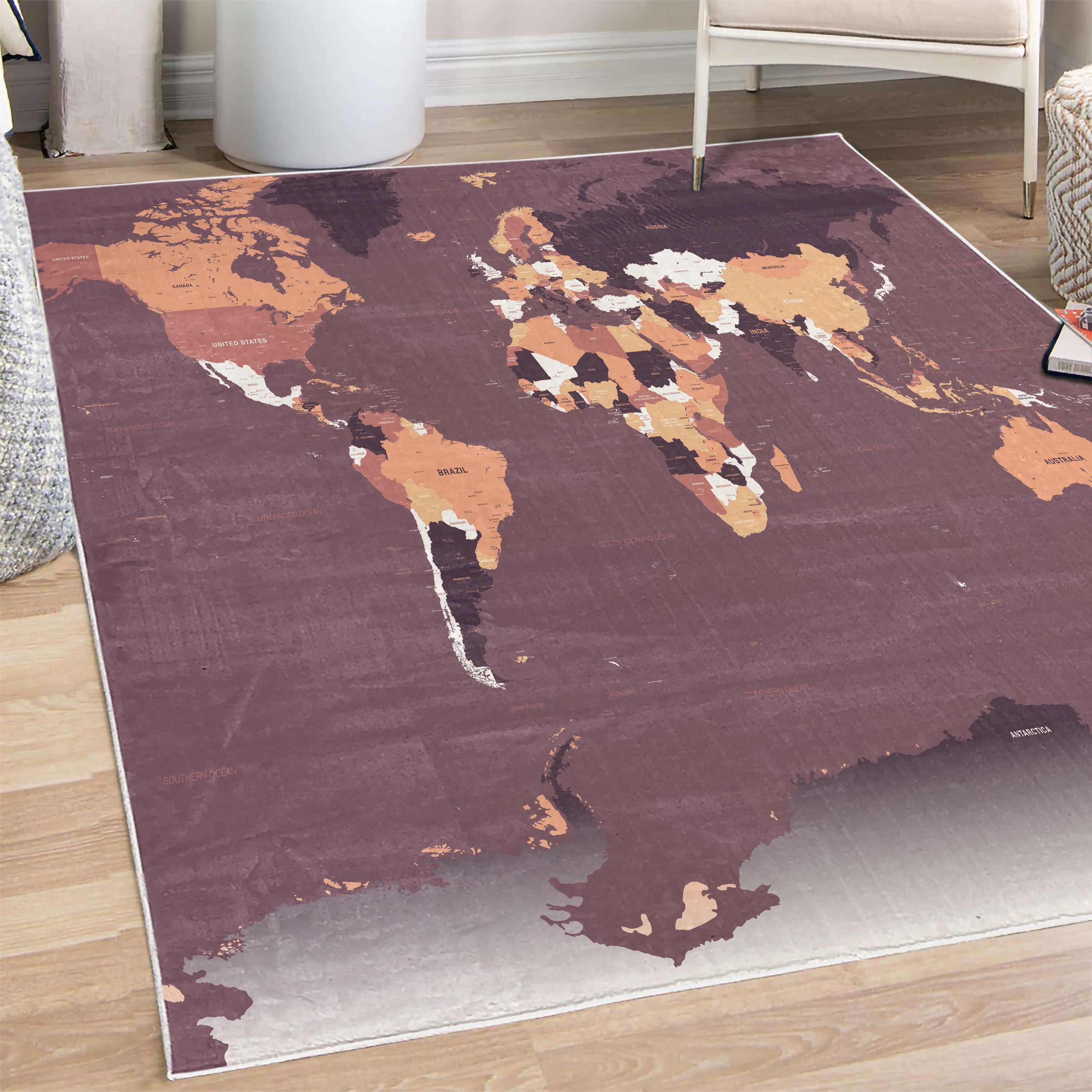 Earth Decorative Rug, Detailed World Map with All Countries Major ...