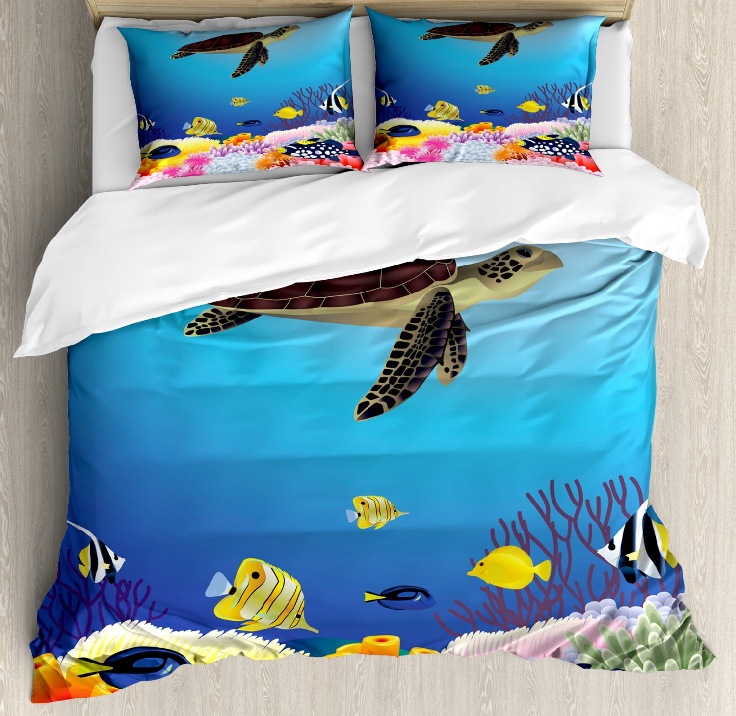 Turtle Duvet Cover Set Queen Size, Aquatic Fauna Life Under the Sea ...