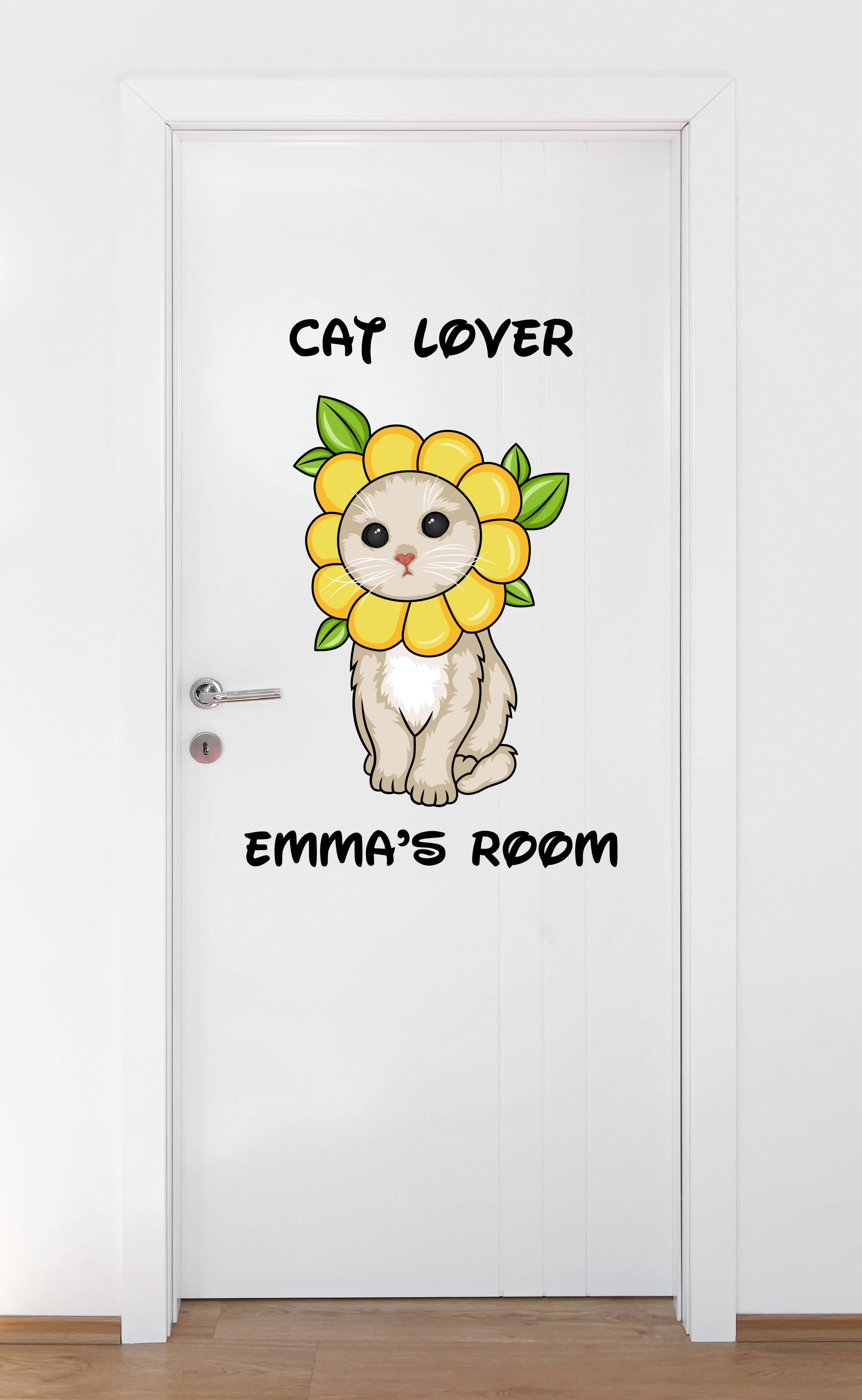 Personalized Name Animal Wall Decal Cute Cat wearing Sunflower Hat ...
