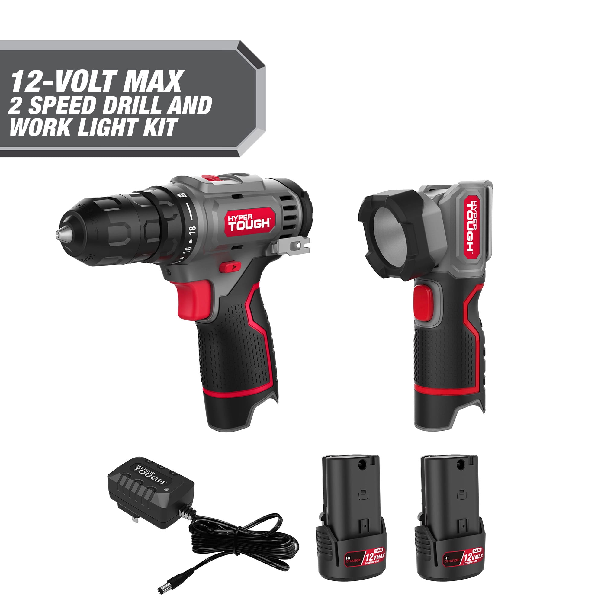 Hyper Tough 12V Max* 2-Speed Drill and Work Light Combo Kit with (2) 1 ...