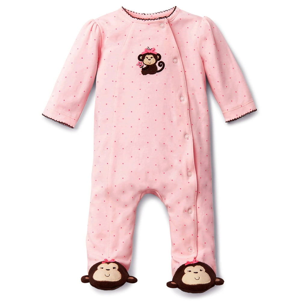 LTM Baby - Pink and Brown Sweet Monkey Snap Front Footie Pajamas For ...