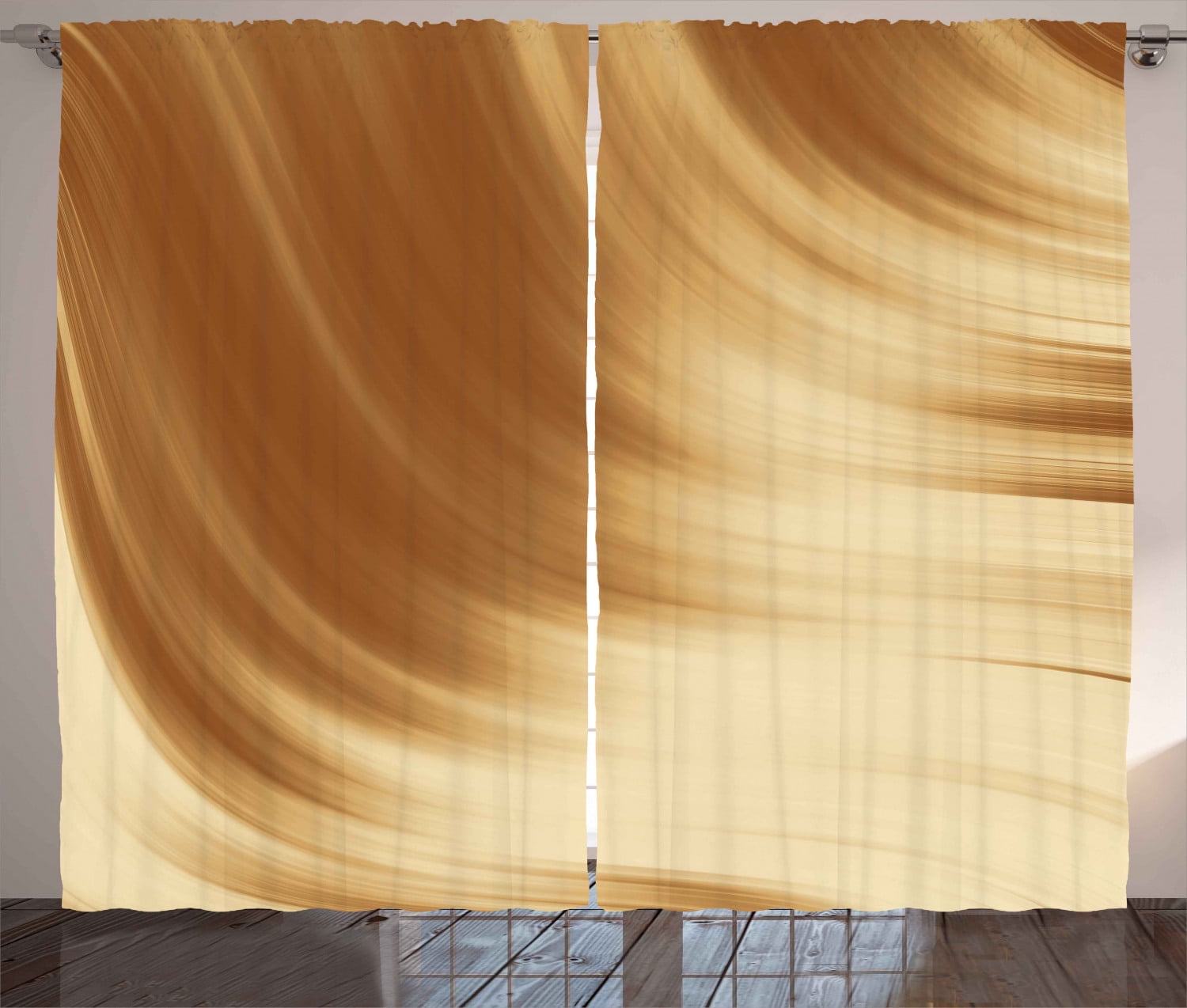 Tan Curtains 2 Panels Set, Curved Wave Like Conceptual Artistic Display ...
