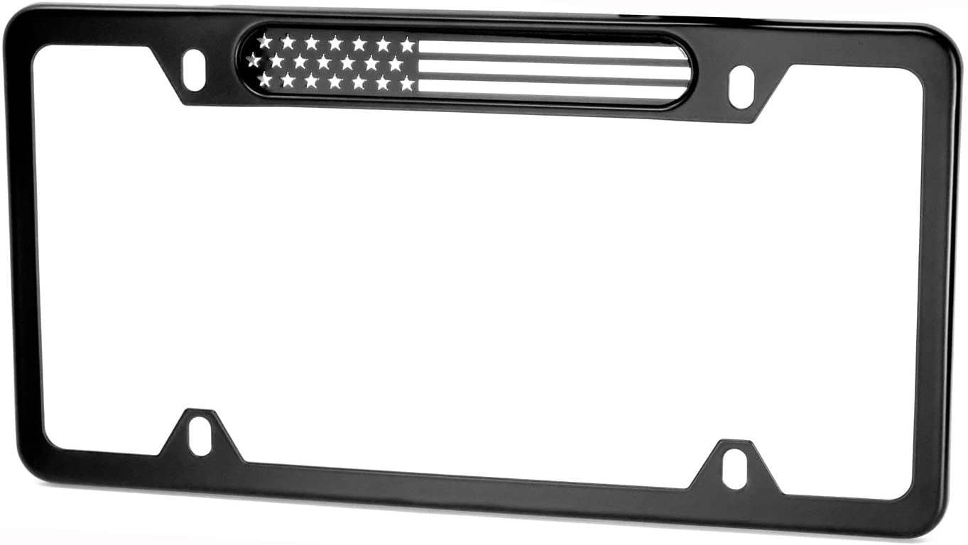 MULL Stainless Steel License Plate Black Frame American (Chrome Flag ...