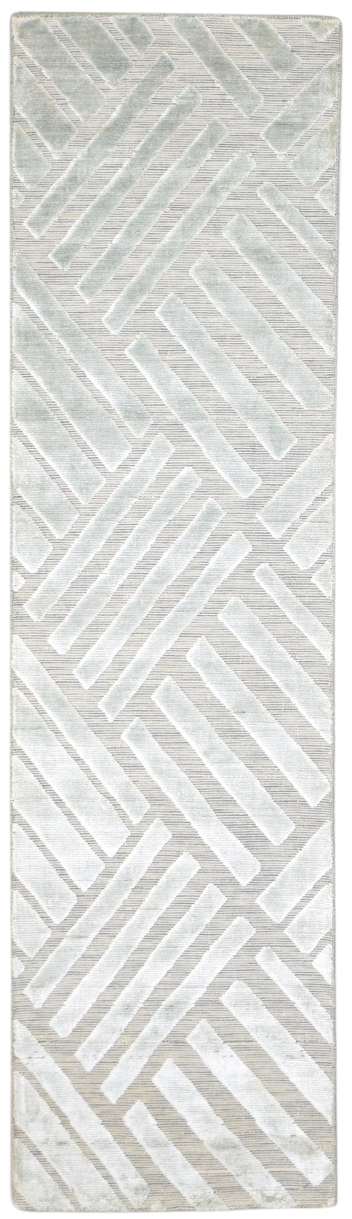 Silver Wool Silk Rug 2X8 Modern Jacquard Loom Scandinavian Geometric ...