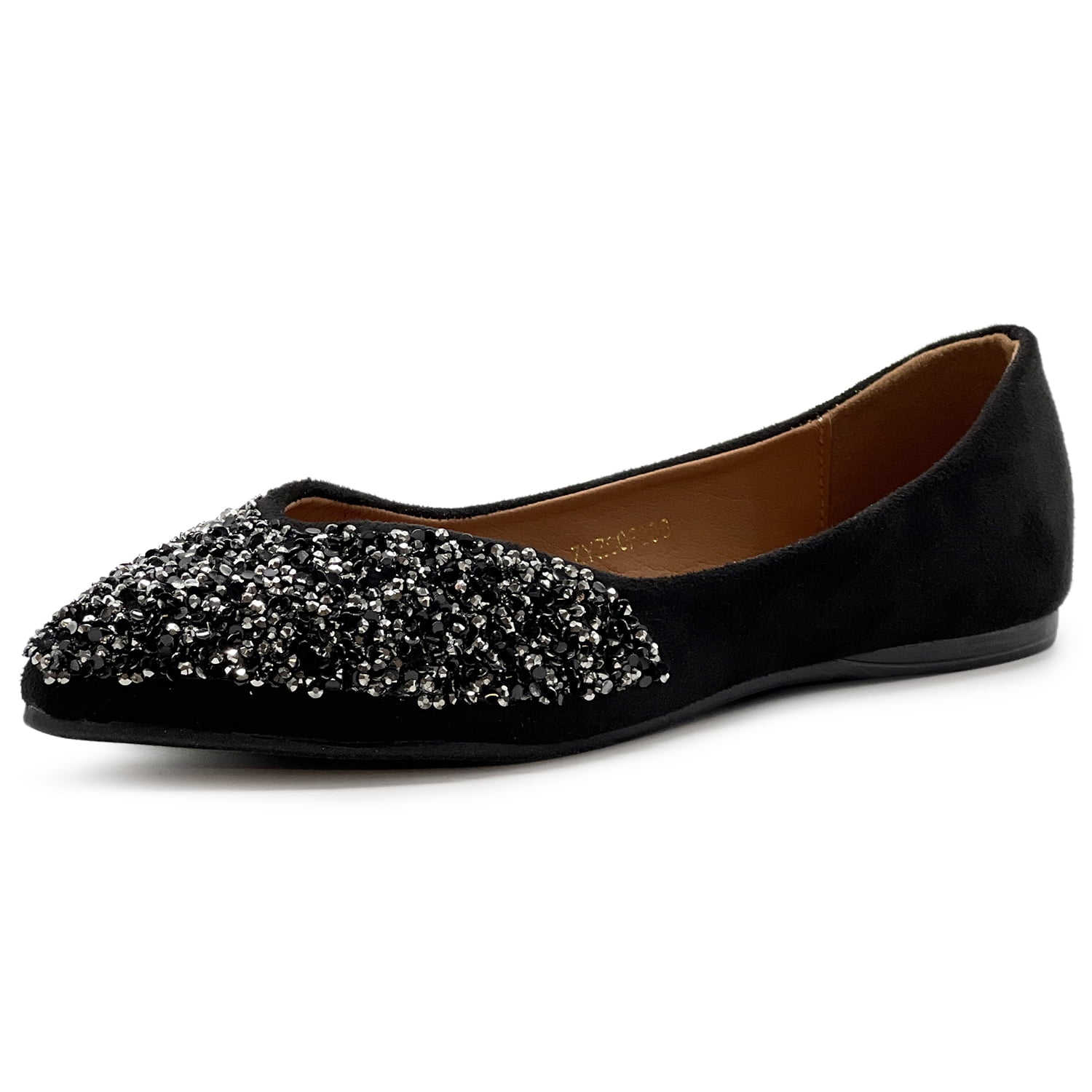 Ollio Women's Shoes Faux Suede Rhinestone Studded Pointed Toe Ballet ...