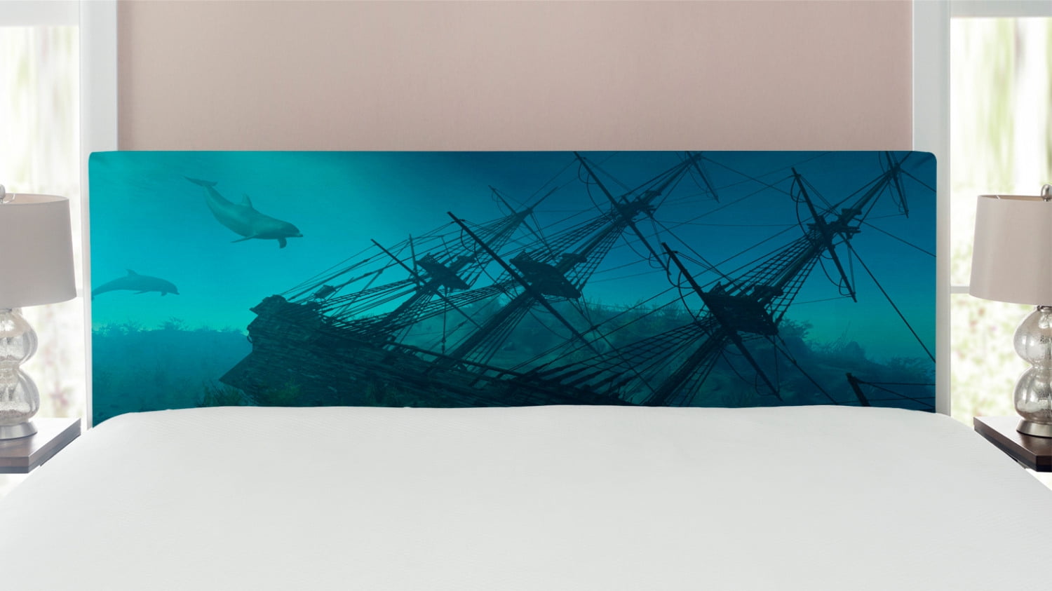 Nautical Headboard, Dolphins Ruined Wreckage Underwater Sunken Ship ...