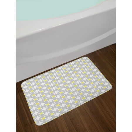 Grey and Yellow Bath Mat, Retro Geometric Vintage Design Star Shapes ...