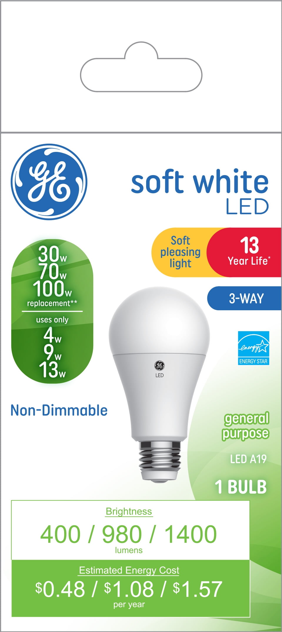 GE LED 3-Way Light Bulb, 30/70/100 Watt Eqv, Soft White, A21 Standard Light Bulb, 13 year ...