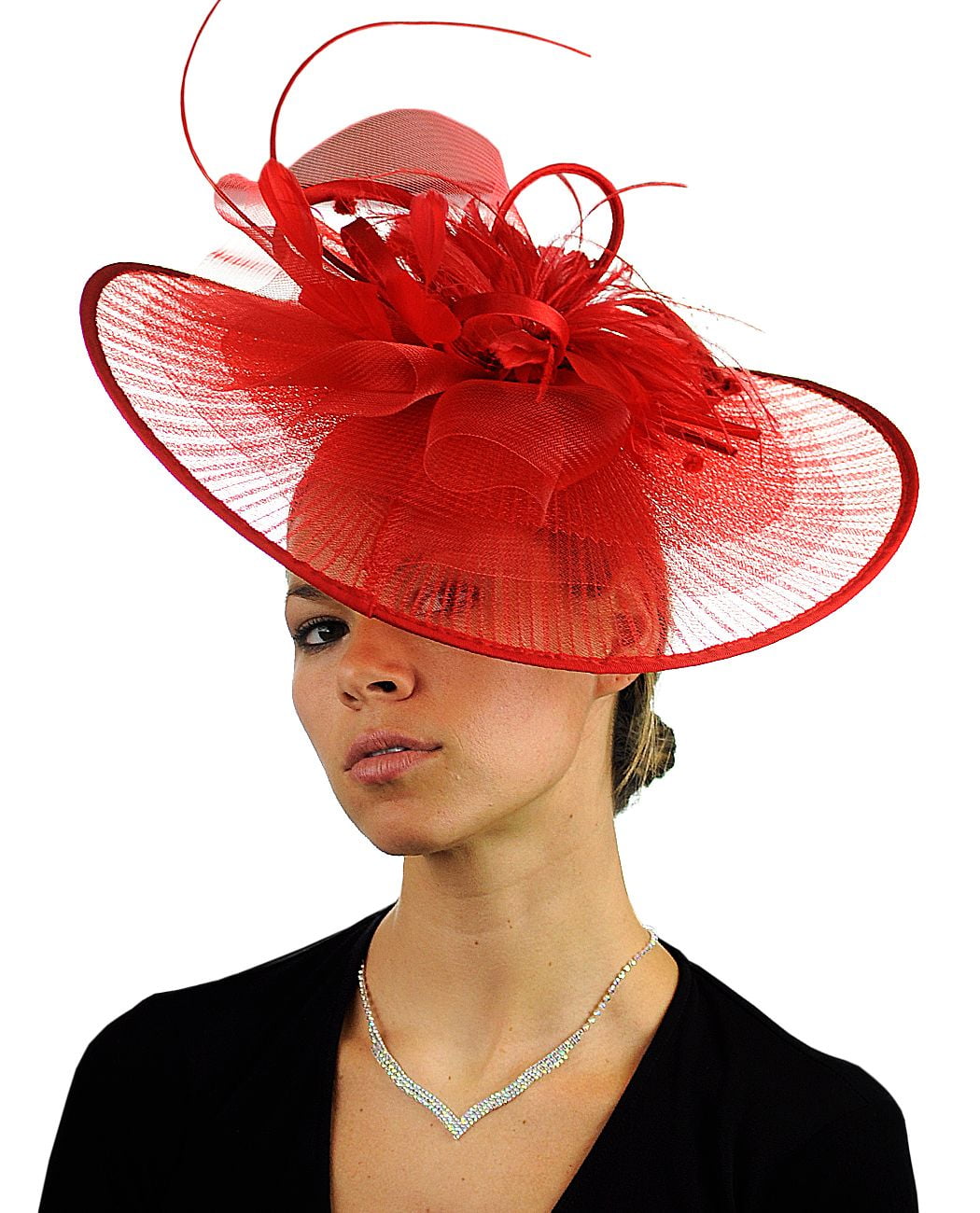 C.C Cocktail Sinamay Fascinator Headband Feather & Flower Design -Red ...