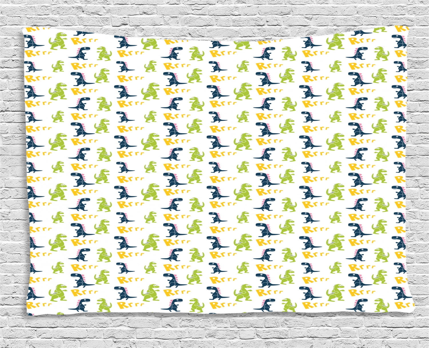 Dinosaur Party Tapestry, Happy Cartoon Dino Reptile with Rrrr Text on ...
