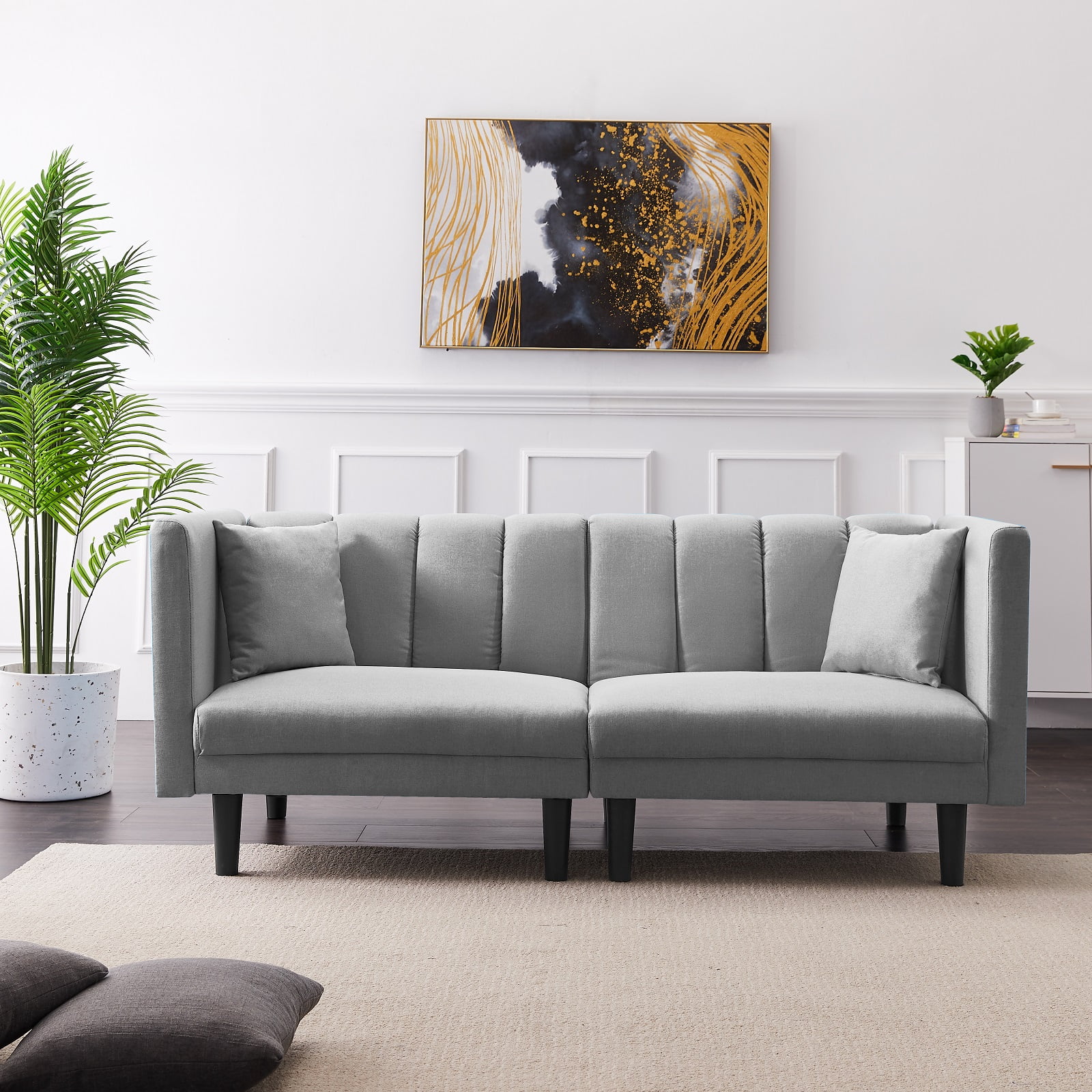 Modern Futon Sofa Bed Velvet Linen Fabric Plastic Legs 3 Seats 73 inch ...