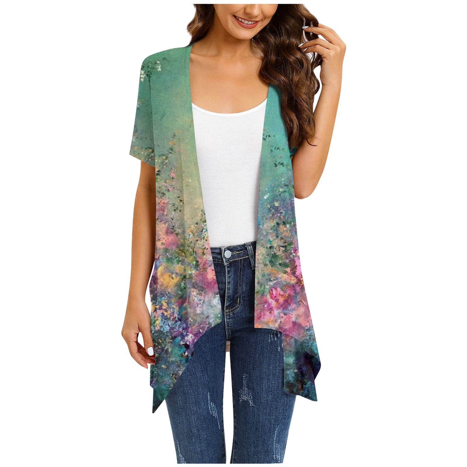Lightweight Cardigan for Women Short Sleeve/Sleeveless Floral Print ...