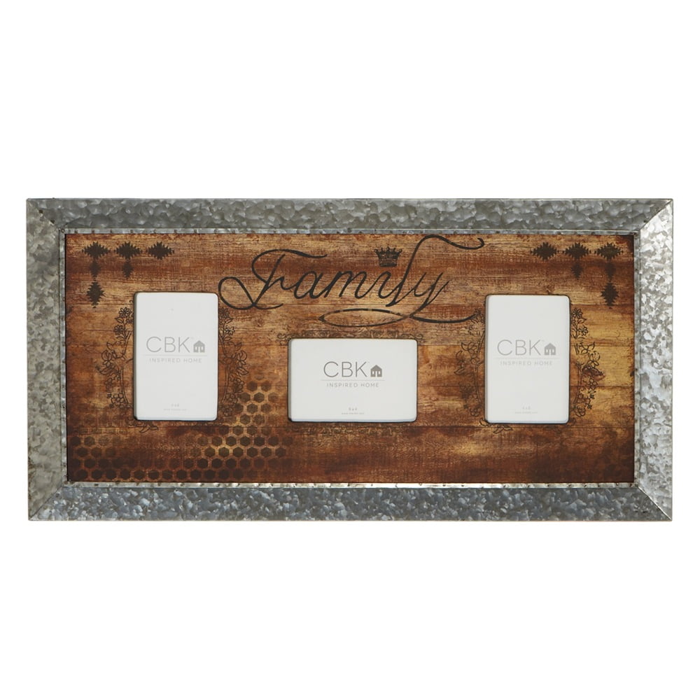 28" Wooden Brown and Gray "Family" Triple 4x6 Horizontal Wall Frame ...