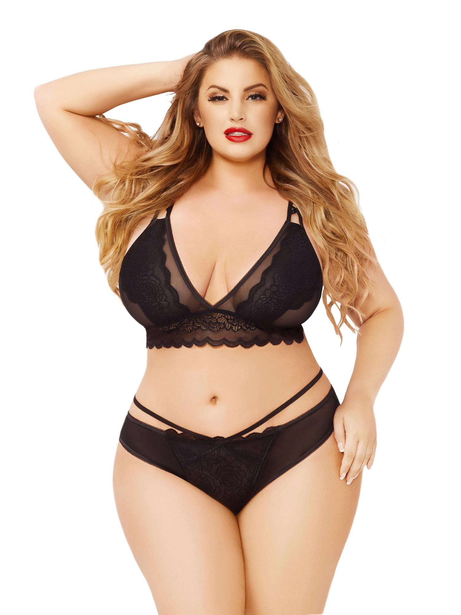Womens Plus Size Lace Bralette Set Lattice Lace Bra Top And Strappy Lace Thong Panty Lingerie
