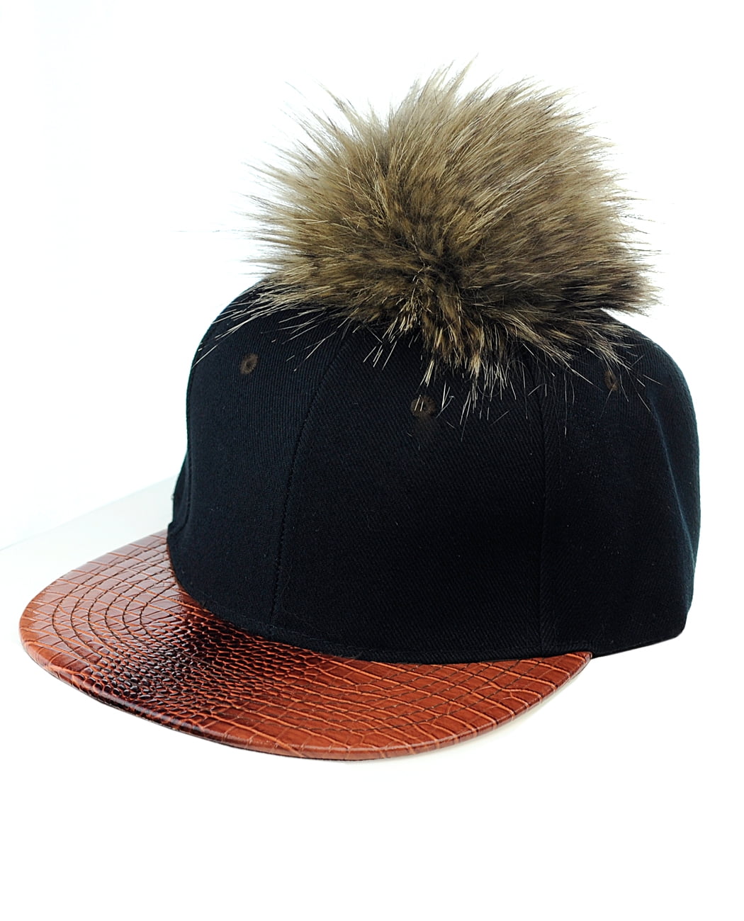 Unisex Style Faux Fur Pom Pom Snapback Flat Bill Cap Hat - Faux Croc ...