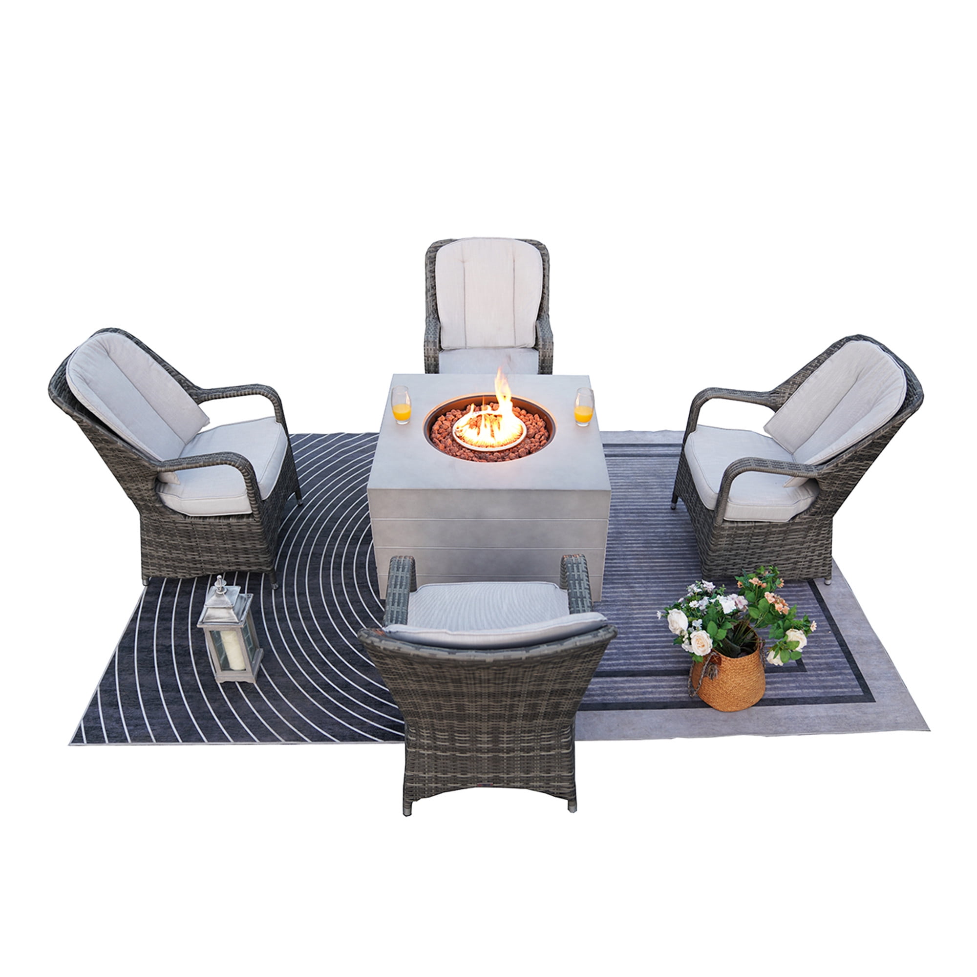 5-Piece Outdoor Patio Dinning Set with Gas Fire Pit Table & 4 Rattan ...