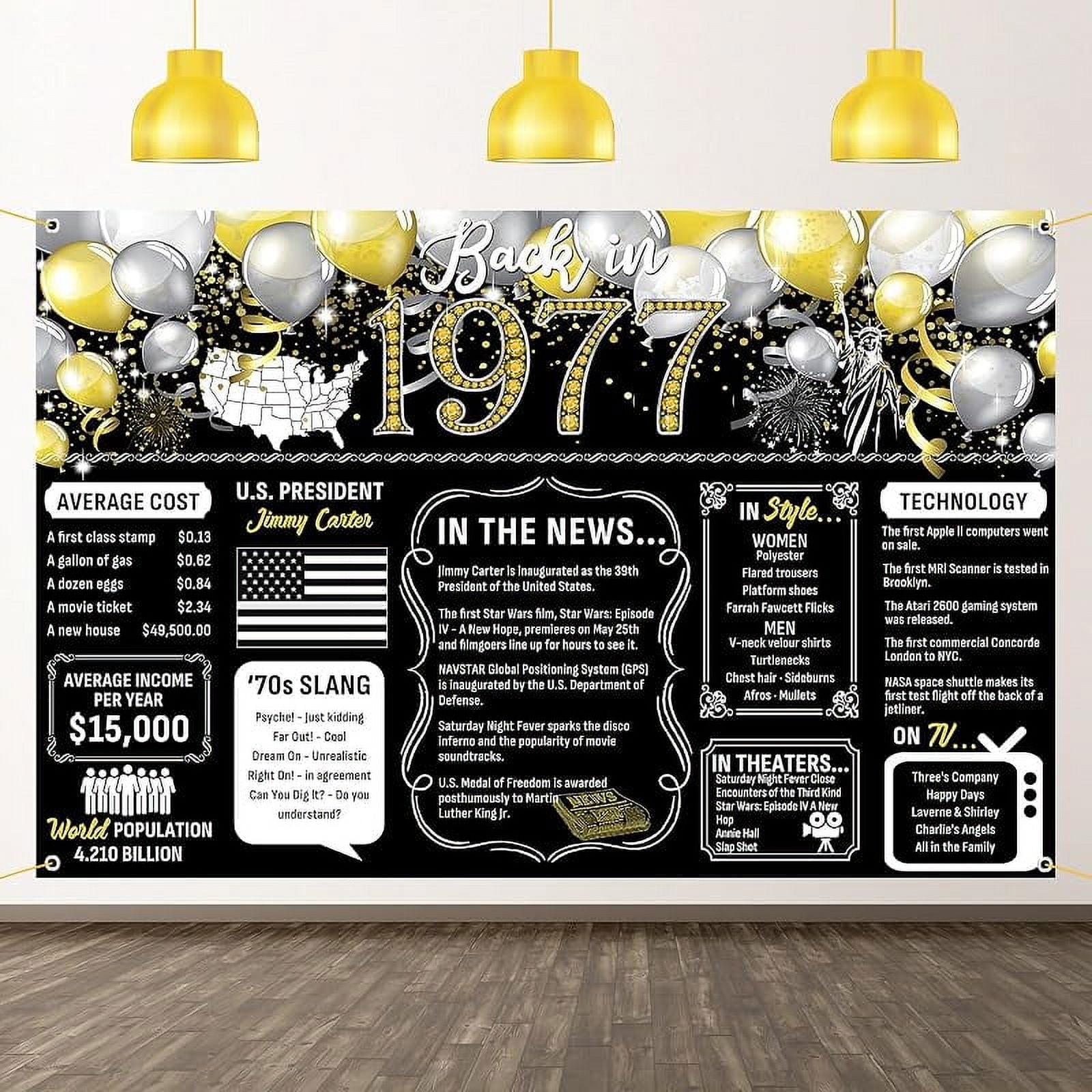 En 1977, telón de fondo, pancarta de pared grande, saludos por los 20 ...