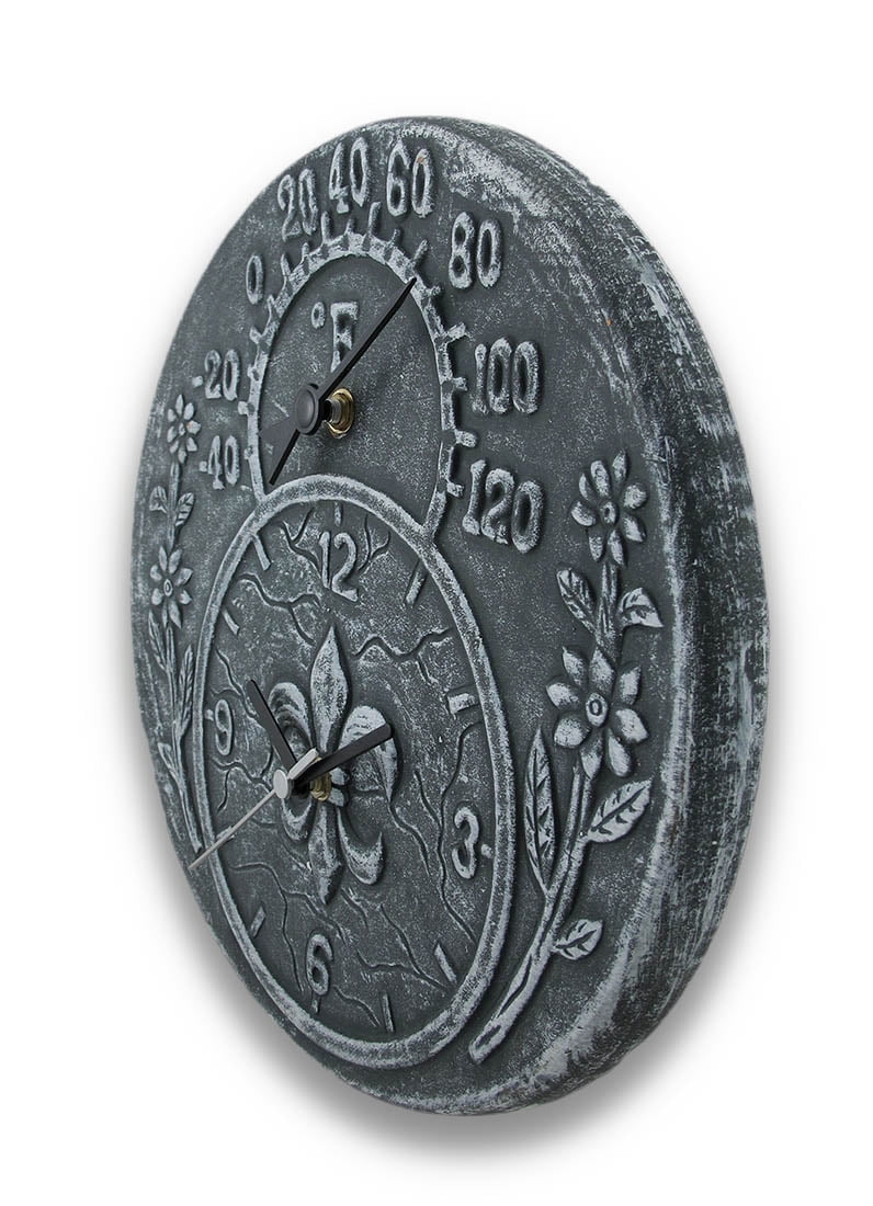 Gray Stone Finish Terracotta Fleur De Lis Clock/Thermometer