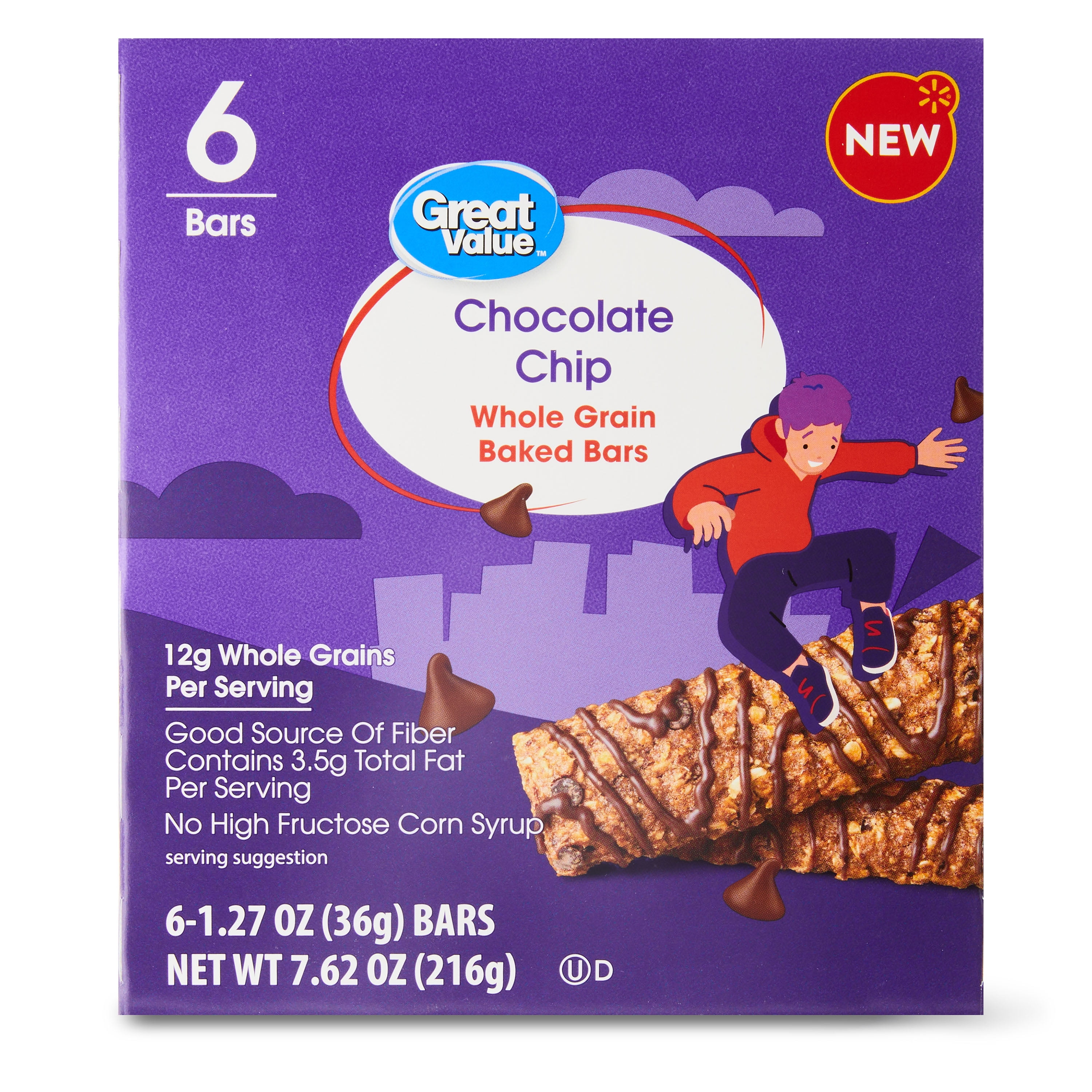 Great Value Chocolate Chip Whole Grain Baked Bars, 1.27 oz, 6 Count ...