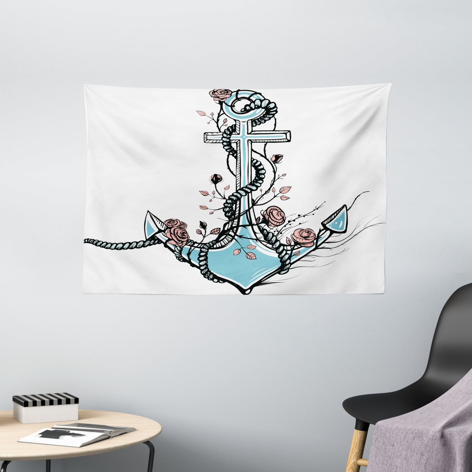 Anchor Tapestry, Romantic Boho Design Sketch of an Old Anchor with ...