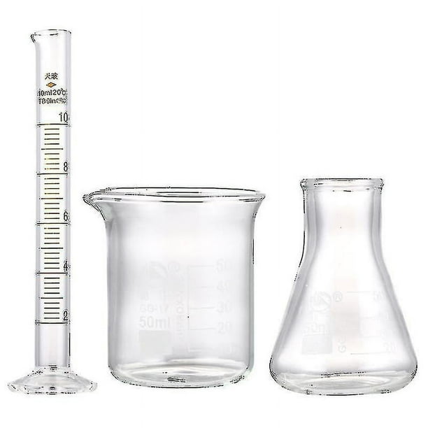 3 piezas de cilindros graduados de vidrio, vasos, matraz cónico ...