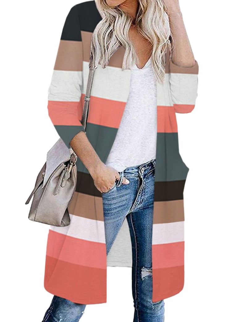 TWZH Women Colorblock Open Front Long Sleeves Cardigan Top - Walmart.com