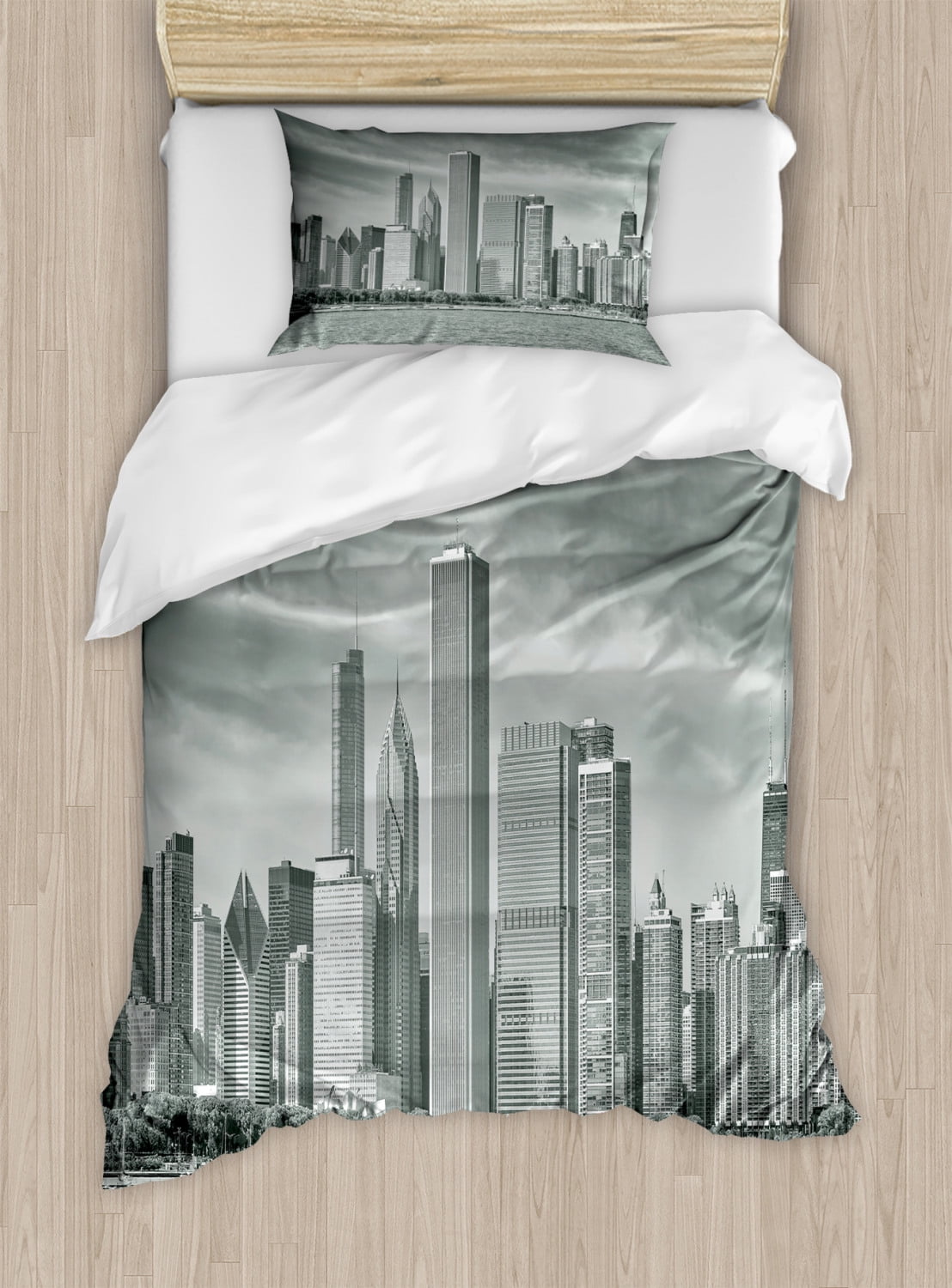 Chicago Skyline Duvet Cover Set Twin Size, Black and White Filtered ...