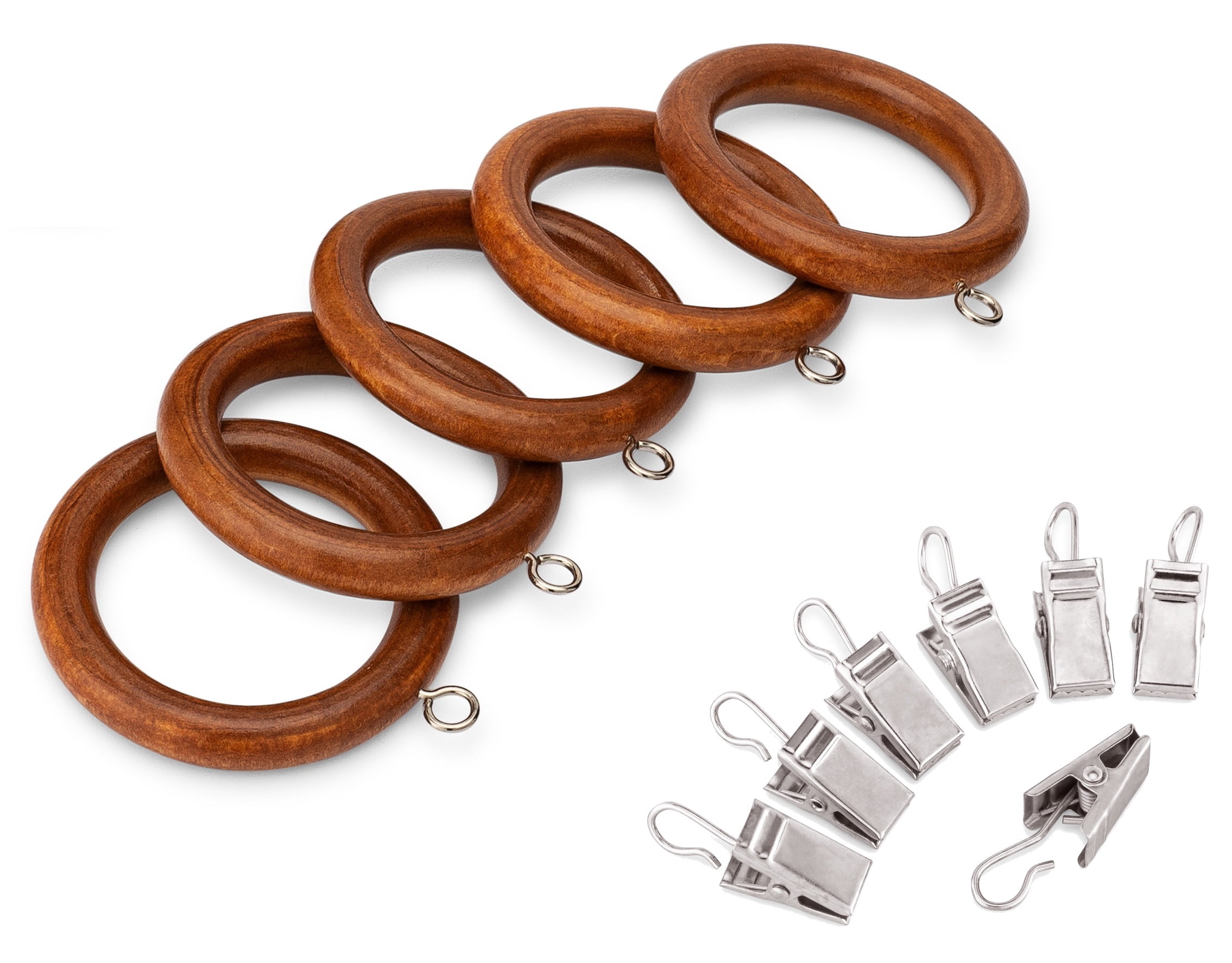1.5 Inch Wood Curtain Rings with Clips in Light Brown Finish, Set of 24 ...