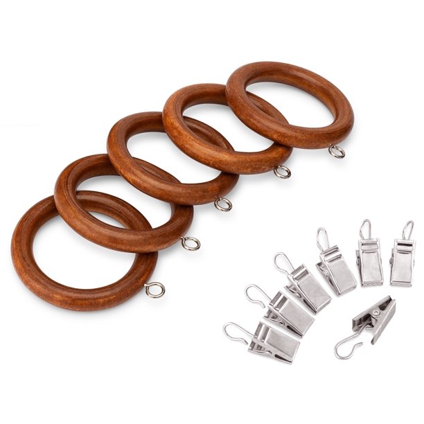 1.5 Inch Wood Curtain Rings with Clips in Light Brown Finish, Set of 24 ...